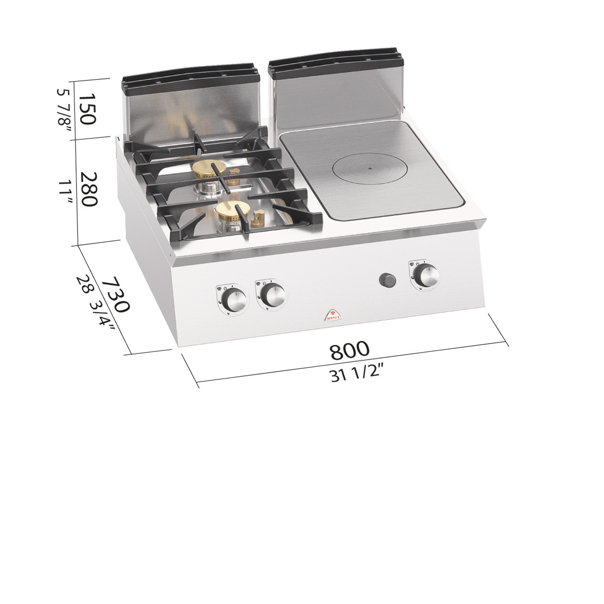 GAS SOLID TOP + 2 OPEN BURNERS - 07872000 - Commercial kitchens | Berto's